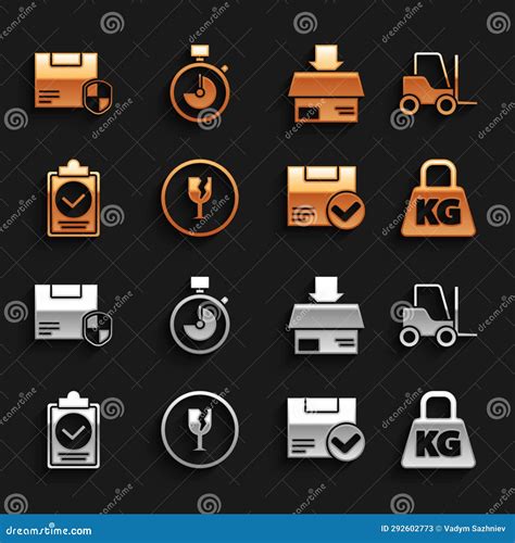 Set Fragile Broken Glass Forklift Truck Weight Package Box With Check Mark Verification Of