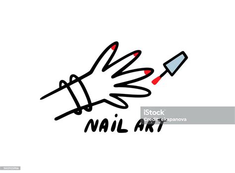 미용실에서 한 여성이 매니큐어를 바르고 손톱에 빨간 대접을 칠합니다 만화 손과 브러쉬의 벡터 그림입니다 0명에 대한 스톡 벡터