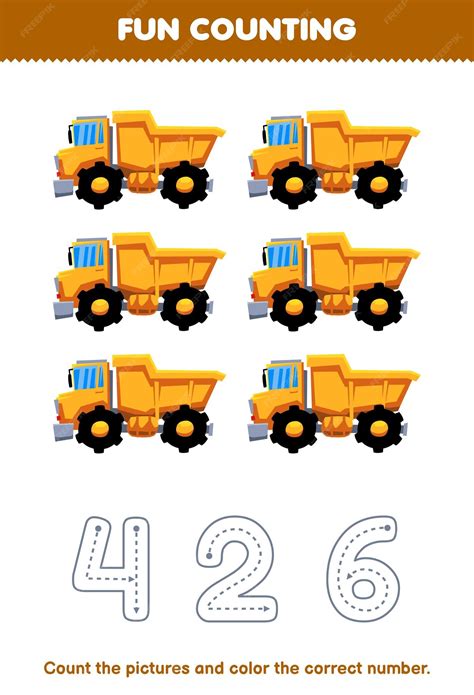 어린이를 위한 교육 게임은 귀여운 만화 덤프 트럭 인쇄 가능한 운송 워크시트에서 그림을 세고 정확한 숫자를 색칠합니다