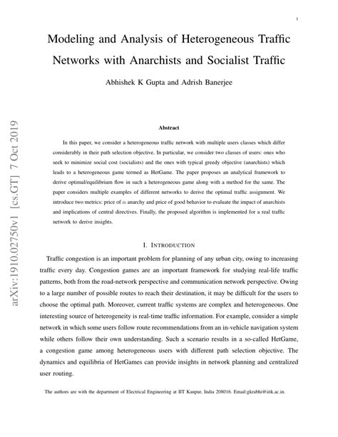 Pdf Modeling And Analysis Of Heterogeneous Traffic Networks With