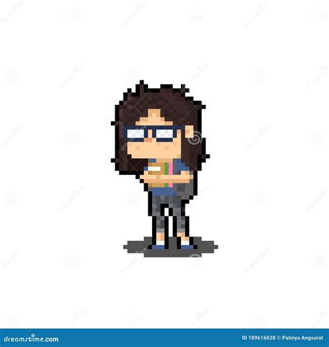 Pixel Art Cartoon Nerd Girl Holding A Lot Of Book Character Design