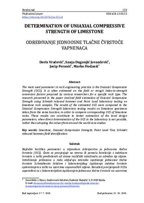 Pdf Determination Of The Uniaxial Compressive Strengths Of Rocks