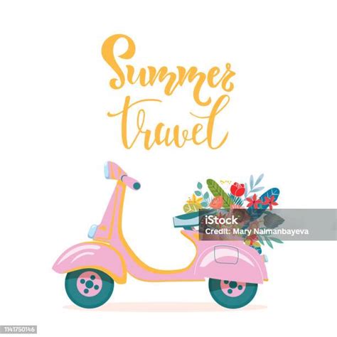 여름 여행 동기 부여 견적 스쿠터와 꽃 인사말 카드 포스터 배너 인쇄 레터링 타이포 그래피 템플릿입니다 벡터 일러스트 모터