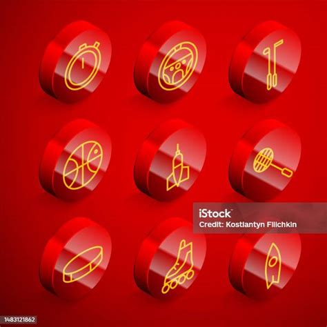 세트 라인 스톱워치 스티어링 휠 골프 클럽 농구 공 다트 화살표 테니스 라켓 하키 퍽 및 롤러 스케이트 아이콘 벡터 3차원 형태에 대한 스톡 벡터 아트 및 기타 이미지