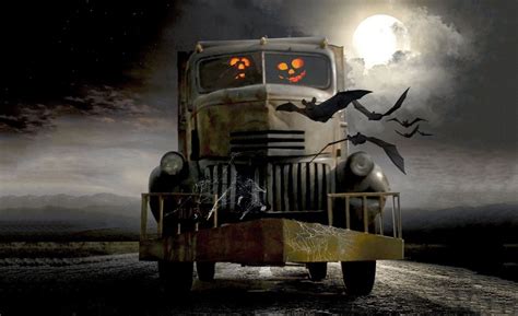 Spooky Travels With Pumpkin Eyed Truck And Bats At Night Jeepers