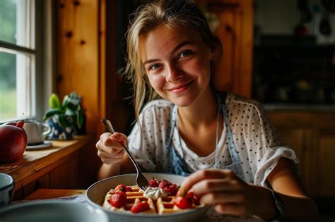 Premium Photo Portrt Of Smiling Young Woman Putting Fork In The Waffle