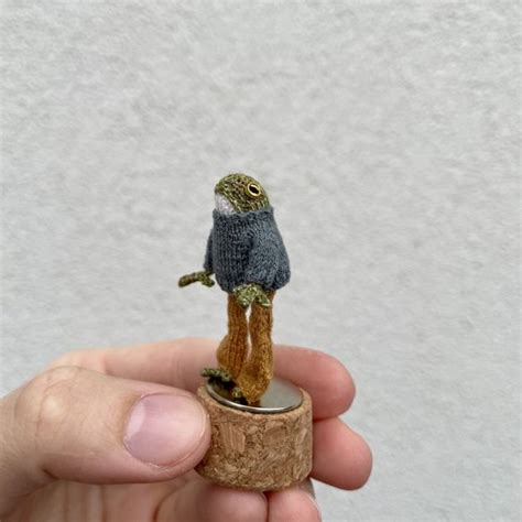 Tiny Knitted Frog In Sweater And Trousers By Julia Laparina Tedsby