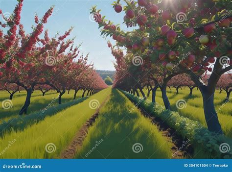 View Of A Fruitful Apple Orchard With Trees And Fruits View Of An Agricultural Field Apple