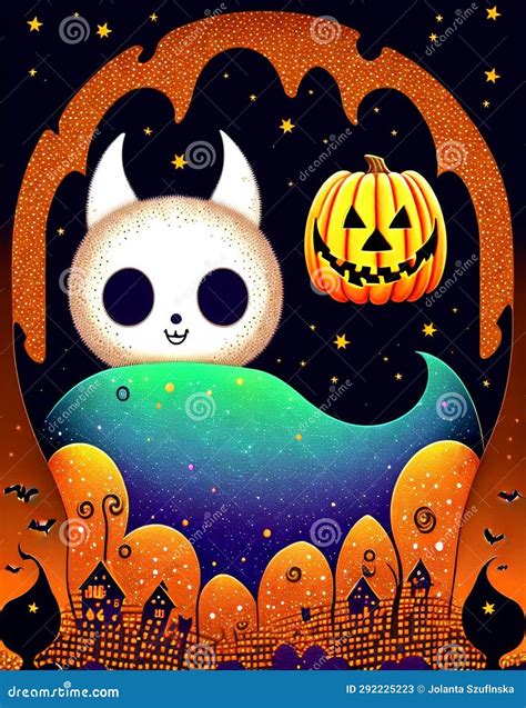 A Chibi Ghost Peeking From Behind A Tombstone Eerie Yet Adorable Under The Glow Of A Full Moon