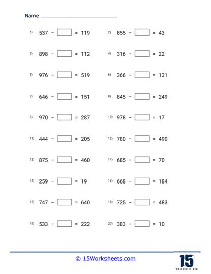 Missing Subtrahends Worksheets Subtraction 15