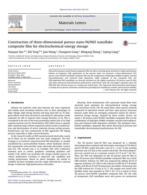 Pdf Construction Of Three Dimensional Porous Nano Ninio Nanoflake Composite Film For