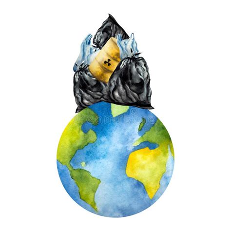 Planet Earth With Mountain Of Garbage Watercolor Hand Drawn Earth Day