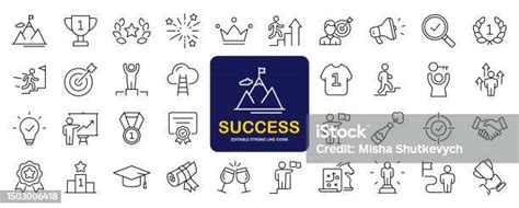 라인 스타일의 웹 아이콘의 성공 집합입니다 웹 및 모바일 앱에 대한 목표 및 목표 아이콘 경쟁 수상 업적 월계관 보상 우승자