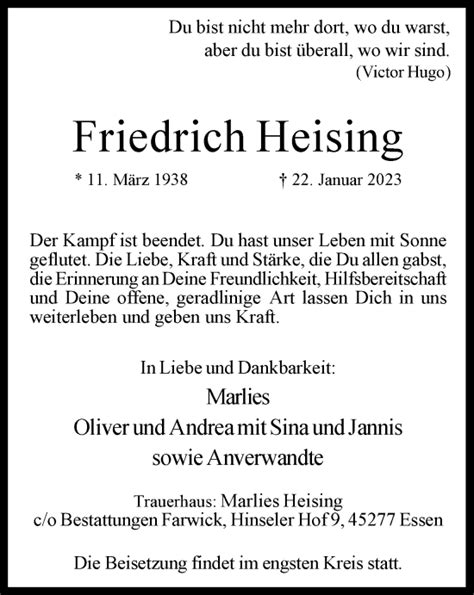 Traueranzeigen Von Friedrich Heising Trauer In Nrw De