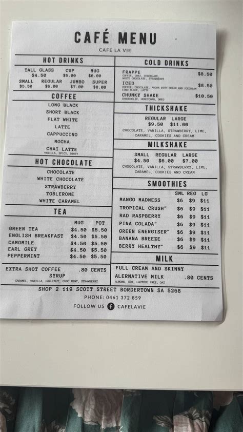 Menu At Cafe La Vie Bordertown