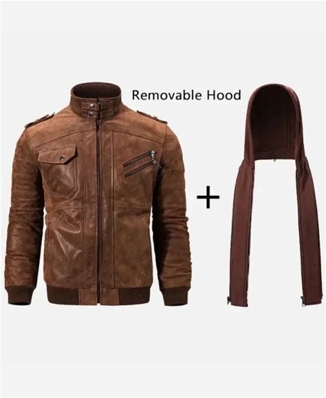 Brown Motorcycle Bomber Leather Jacket With Removable Hood