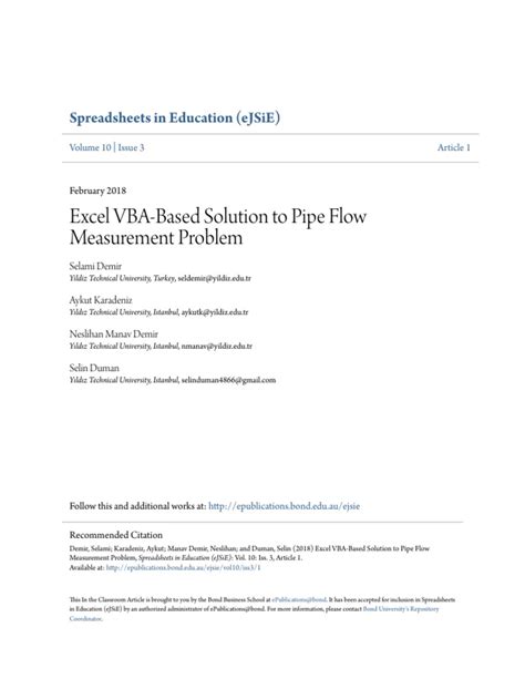 Excel Vba Based Solution To Pipe Flow Measurement Problem Spreadsheets In Education Ejsie
