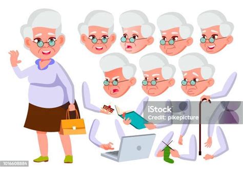 늙은 여자 벡터입니다 수석 사람입니다 노인 노인 사람들입니다 백인 긍정적인 감정 다양 한 제스처를 얼굴 애니메이션 만들기 세트입니다 플랫 만화 캐릭터 일러스트를 절연 개념에