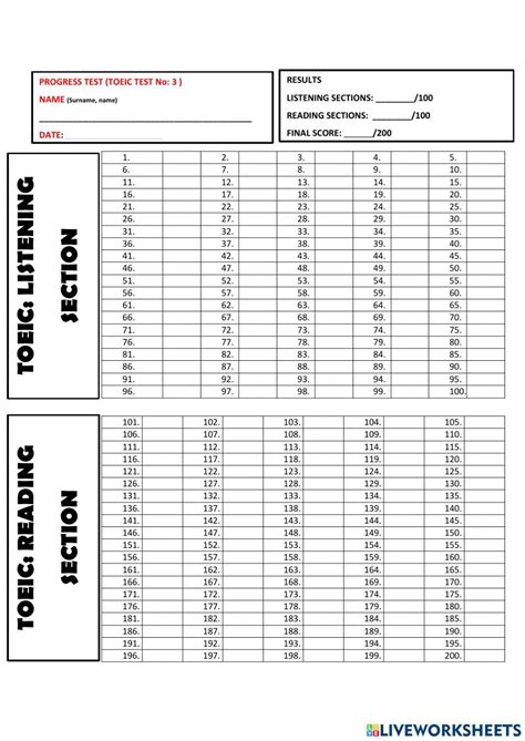 Anser Sheet Toeic List And Reading Worksheet Live Worksheets
