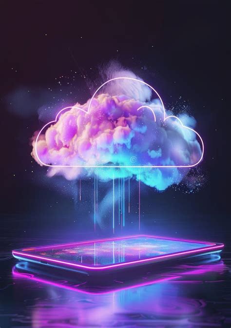 Futuristic Cloud Computing Concept With Neon Lights And Digital Tablet