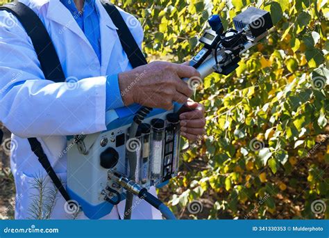 Scientist Measuring Plant Photosynthesis By Using Portable Device In Plant Nursery Stock Image