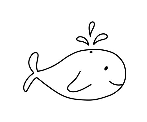 Cute Doodle Whale Isolated On White Background Vector Outline Marine