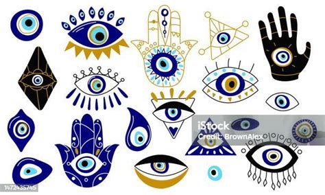 낙서 사악한 눈 만화 전통 터키 행운 부적 현대 스타일 마술 Hamsa 손 부적 영적 밀교 기념품 벡터 세트 기념품에 대한 스톡 벡터 아트 및 기타 이미지 Istock