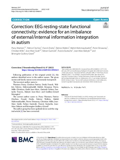 Pdf Correction Eeg Resting State Functional Connectivity Evidence For An Imbalance Of