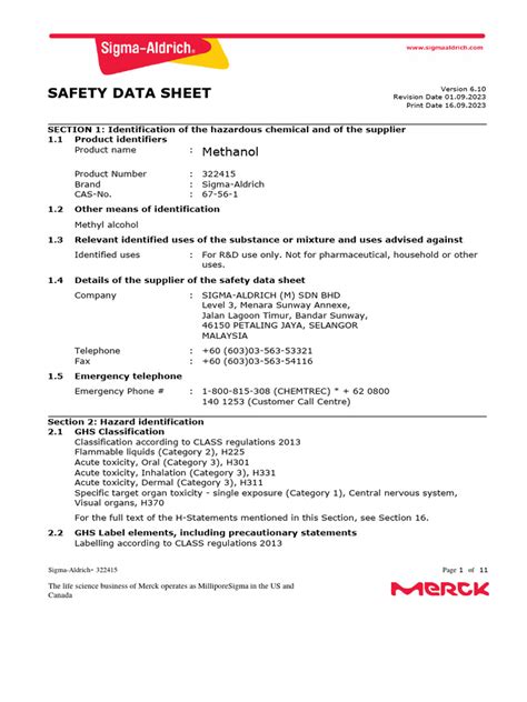 Methanol Safety Data Sheet Sds Pdf Pollution Safety