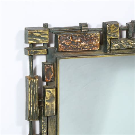 Mid Century Modern Brutalist Mirror With Textured Bronze And Copper
