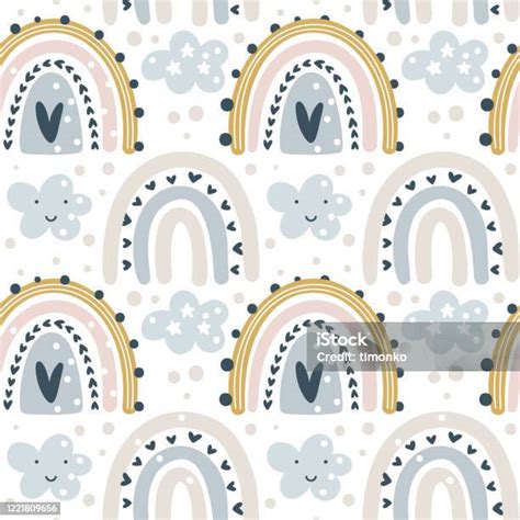 다채로운 파스텔 무지개와 아이 손으로 매끄러운 패턴을 그린 여름 배경입니다 벡터 그림입니다 아기 디자인을 위해 인쇄하십시오 스칸디나비아 스타일 아기에 대한 스톡 벡터 아트