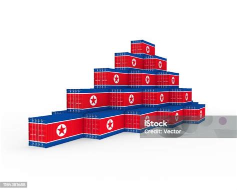 그림자가 있는 흰색 배경에 북한 국기가 있는 화물 컨테이너의 3d 그림 배달 운송 운송 화물 운송 경제에 대한 스톡 사진 및 기타 이미지 Istock