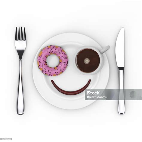 접시 근처의 포크와 나이프는 초콜릿 뿌리기가있는 큰 분홍색 초콜릿 유약 도넛 커피 한 잔과 초콜릿 미소 만화 얼굴 모양 탑 뷰 3d 렌더링 감정에 대한 스톡 사진 및 기타