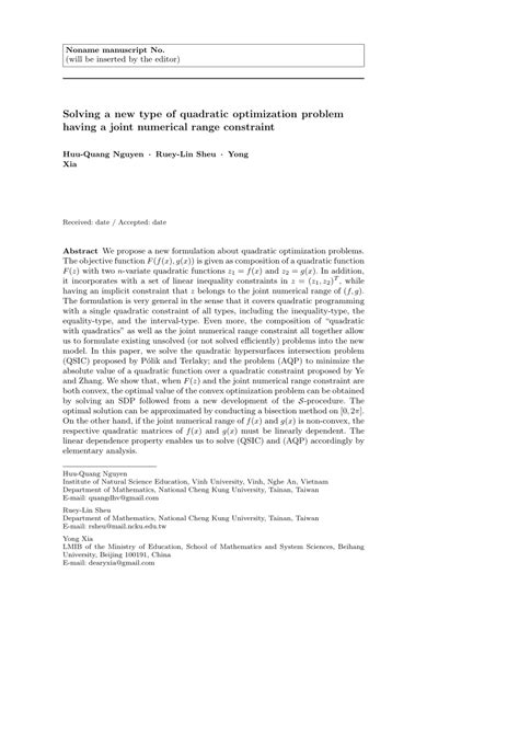 Pdf Solving A New Type Of Quadratic Optimization Problem Having A Joint Numerical Range Constraint
