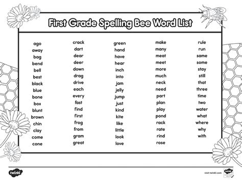 Black And White First Grade Spelling Bee Word List