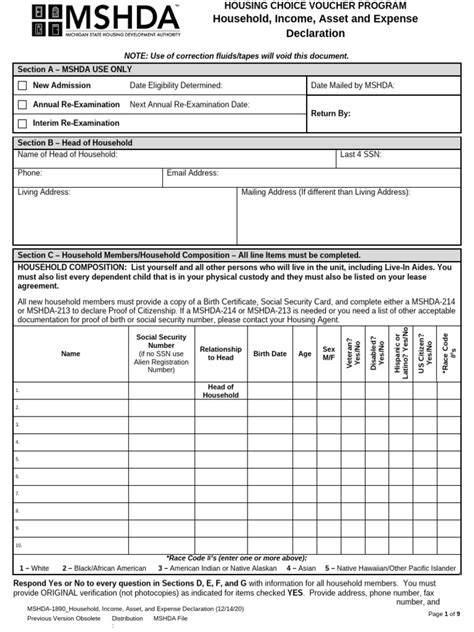 Mshda 1890 Household Income Asset Expense Declaration Pdf