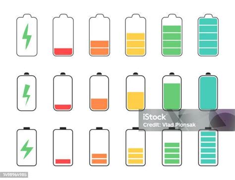 배터리 충전 표시기 아이콘입니다 전화 충전 레벨 충전 전원의 색상 컬렉션 방전 및 완전히 충전 된 배터리 배터리 충전이 높음에서