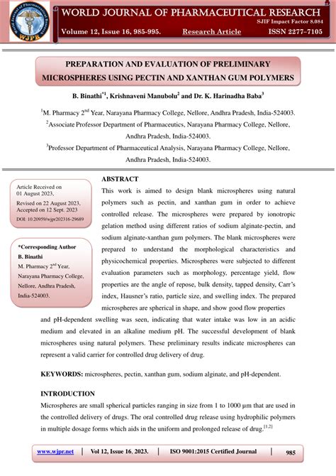 Pdf Preparation And Evaluation Of Preliminary Microspheres Using