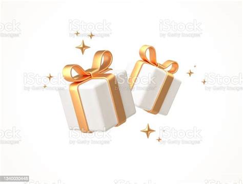 흰색으로 격리 된 선물 상자 황금 리본과 활이 있는 흰색 선물 상자 3d 생일 축하 컨셉 벡터 그림입니다 선물에 대한 스톡 벡터 아트 및 기타 이미지 Istock