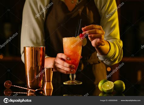 Female Bartender Making Tasty Sex Beach Cocktail Bar Stock Photo Serezniy 495909548