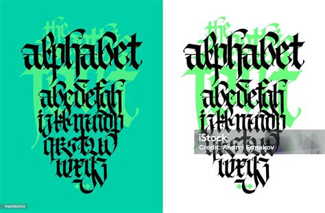 고딕 흰색 배경의 소문자입니다 아름답고 세련된 서예 문신과 디자인에 대한 우아한 유럽 서체 중세 게르만 모던 스타일 개체 그룹에 대한 스톡 벡터 아트 및 기타 이미지