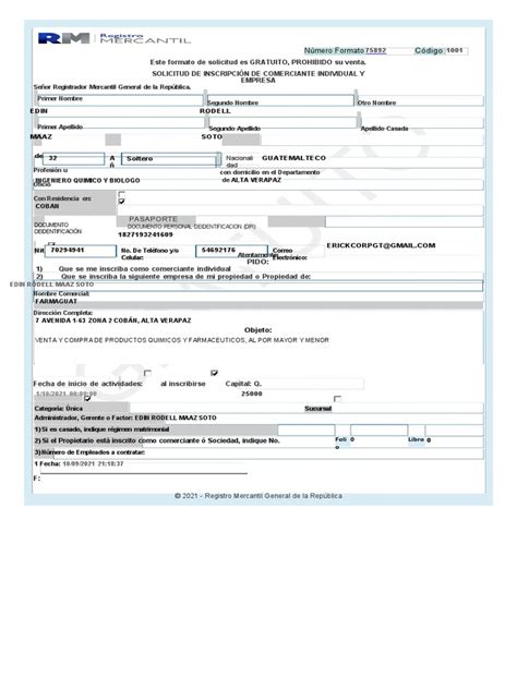 Formulario De Solicitud De Registro Mercantil