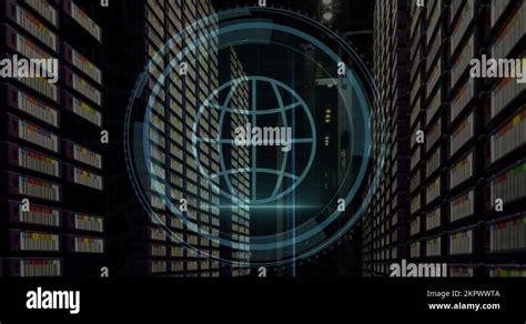 Cyber Security Text Over Round Scanner Against Empty Computer Server Room Stock Video Footage