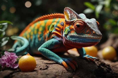 Brightly Colored Chameleon In Tree Habitat Stock Illustration