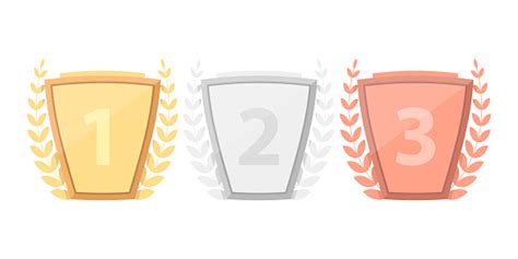 금메달 은메달과 동메달 배지 방패 세트와 월계관이 플랫 일러스트레이션 1위에 대한 스톡 벡터 아트 및 기타 이미지 1위 2