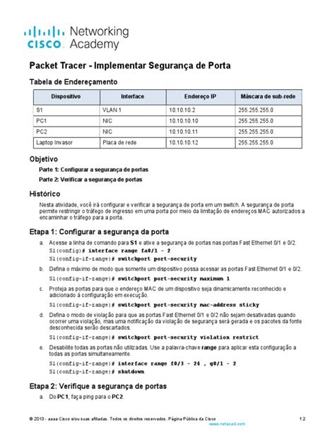 11 1 10 Packet Tracer Implement Port Security Pt Br Pdf Pdf Ethernet Comutador De Rede