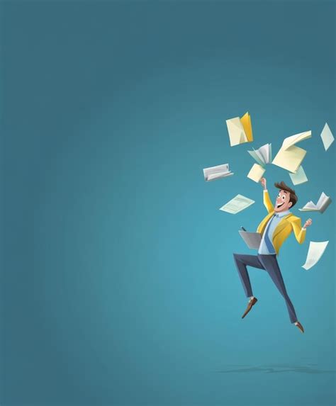Office Worker Juggling Multiple Tasks Isolated On A Panoramic Blue