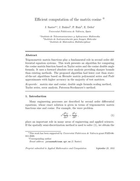 Pdf Efficient Computation Of The Matrix Cosine