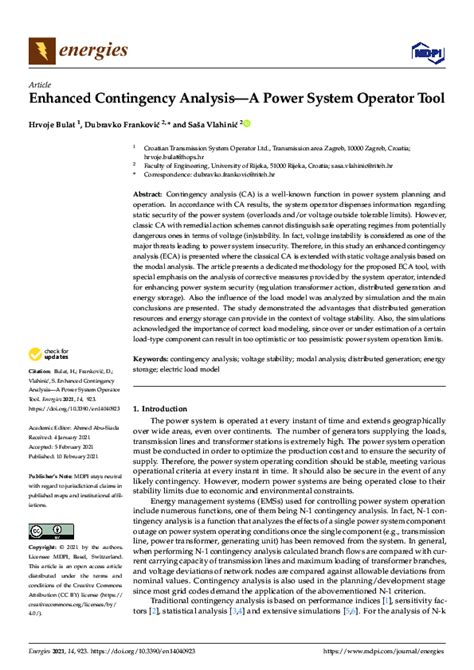Pdf Enhanced Contingency Analysis—a Power System Operator Tool