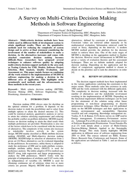 A Survey On Multi Criteria Decision Making Methods In Software Engineering Pdf Software